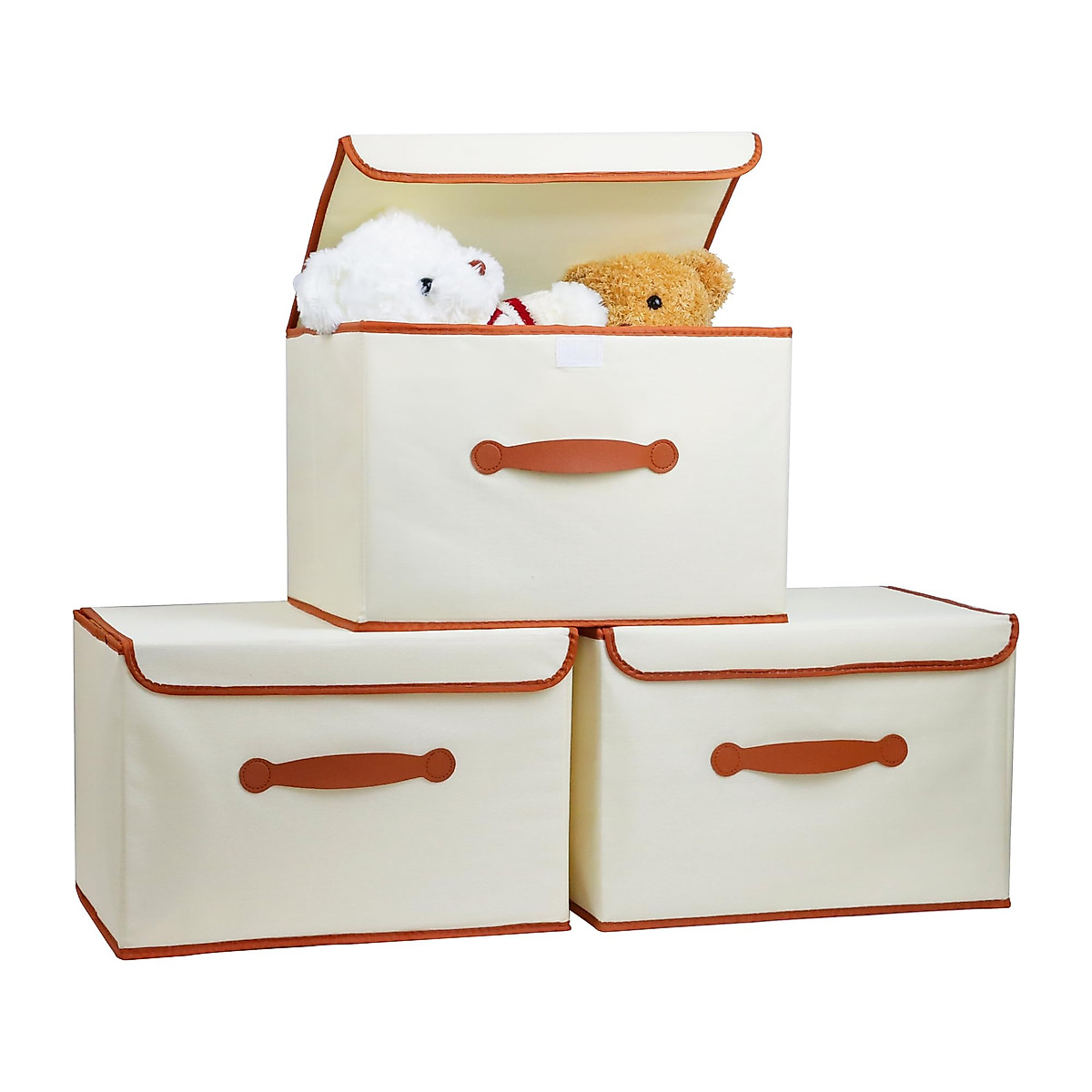 Large 25 Quart Lidded Storage Bins Cubes with Lid & Pu Leather Handle, 3 Pack Fabric Foldable Storage Bin Organizer Basket, Closet Organizer Containers Boxes for Clothes, Wardrobe