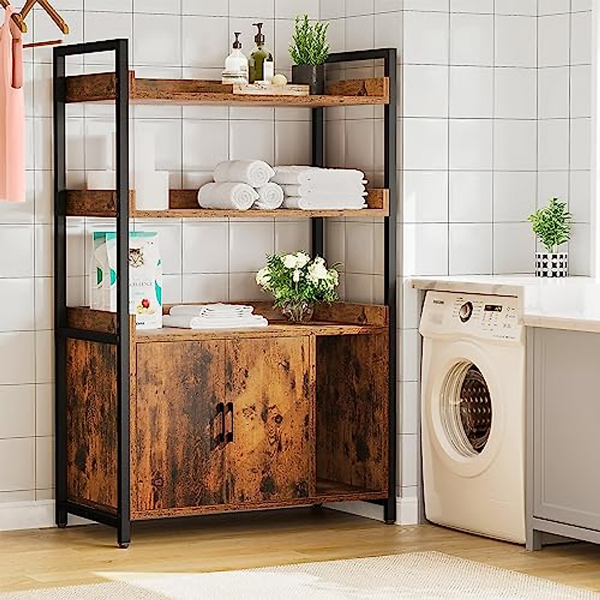 YITAHOME Large Hidden Cat Litter Box Furniture with 3 Shelves and Doors, Wood Litter Box Enclosure, Cat Washroom Storage, Brown