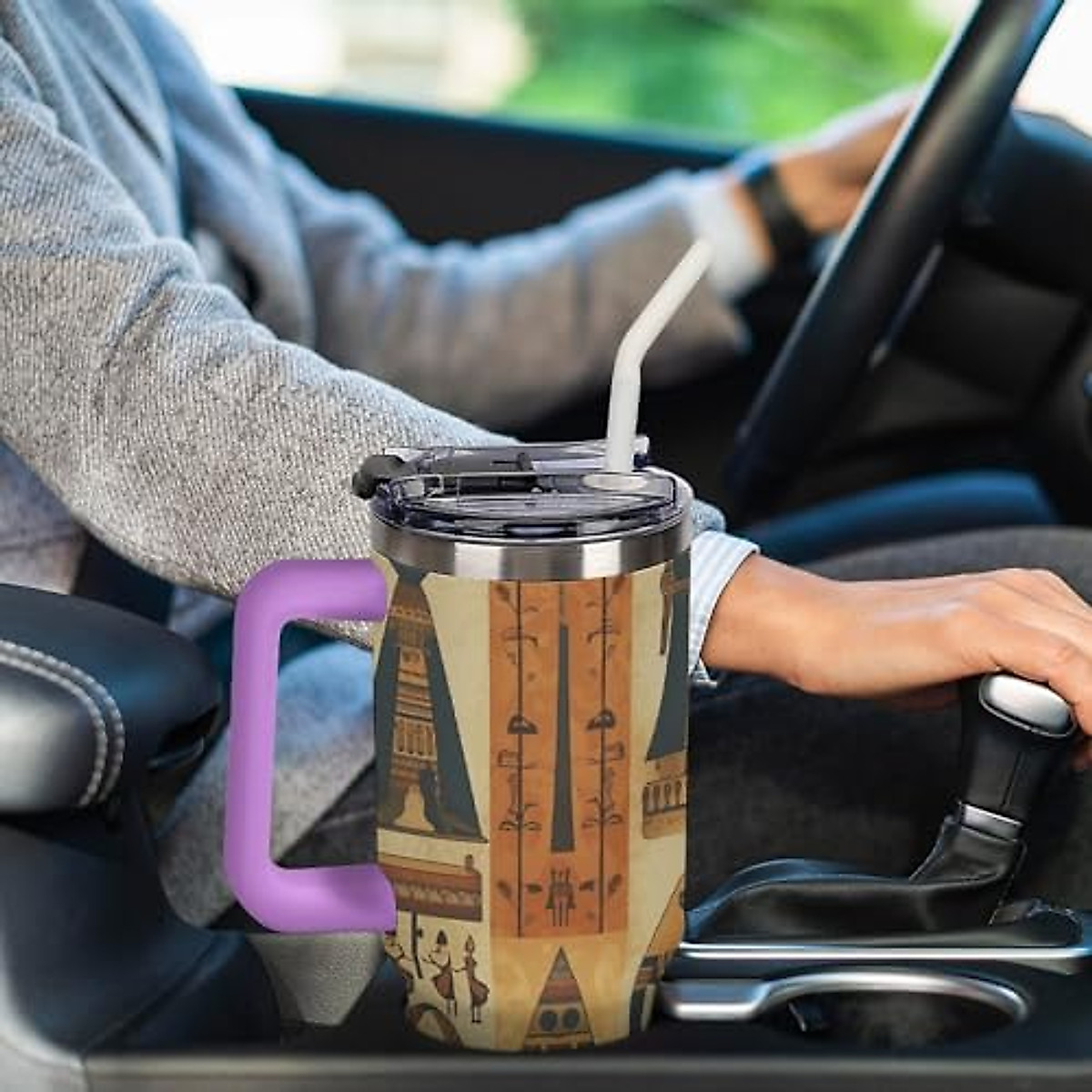 LLUTSNTH 40 Oz Vacuum Tumbler with Violet Handle Leakproof Insulated Tumbler Ancient Egypt Tribe Series Stainless Steel Travel Mug with Lid And Straw Coffee Cup Cute Water Bottles Cup Holder Friendly