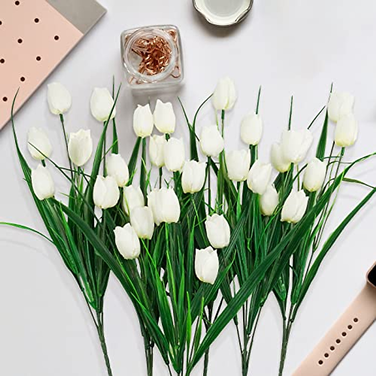 Ruidazon 6 Bundles Tulips Artificial Flowers,30 Heads Outdoor Artificial Tulip Faux Plastic Greenery Shrubs Plants UV Resistant for Easter Home Outside Garden Porch Window Decor (White)