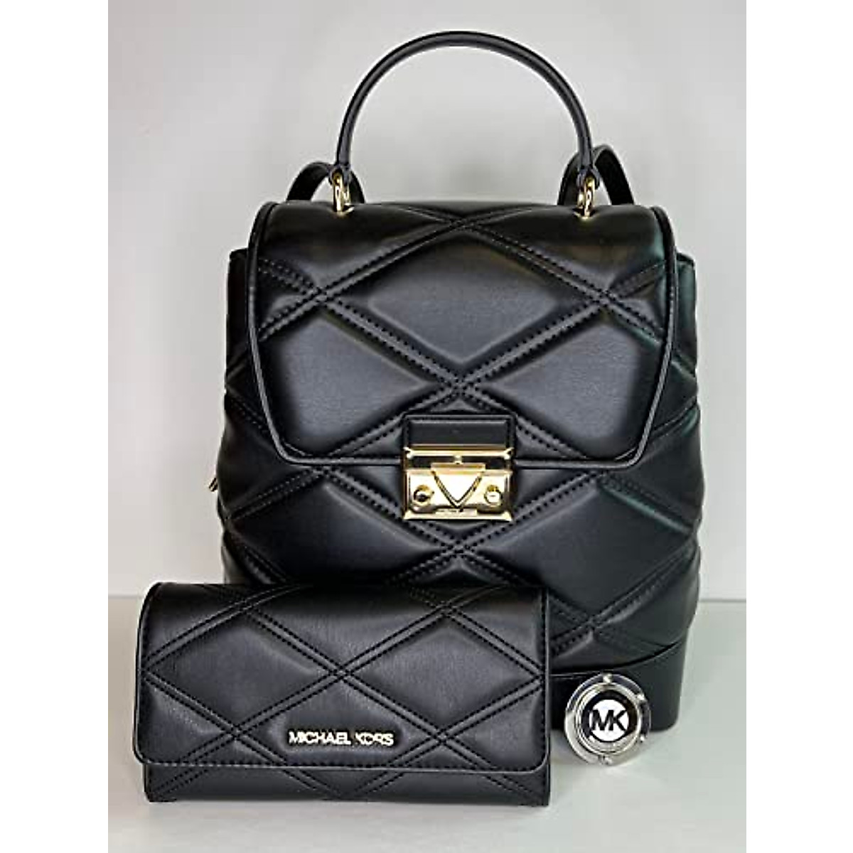 Michael Kors Serena MD Flap Backpack bundled with Trifold Wallet and Purse Hook (Black)