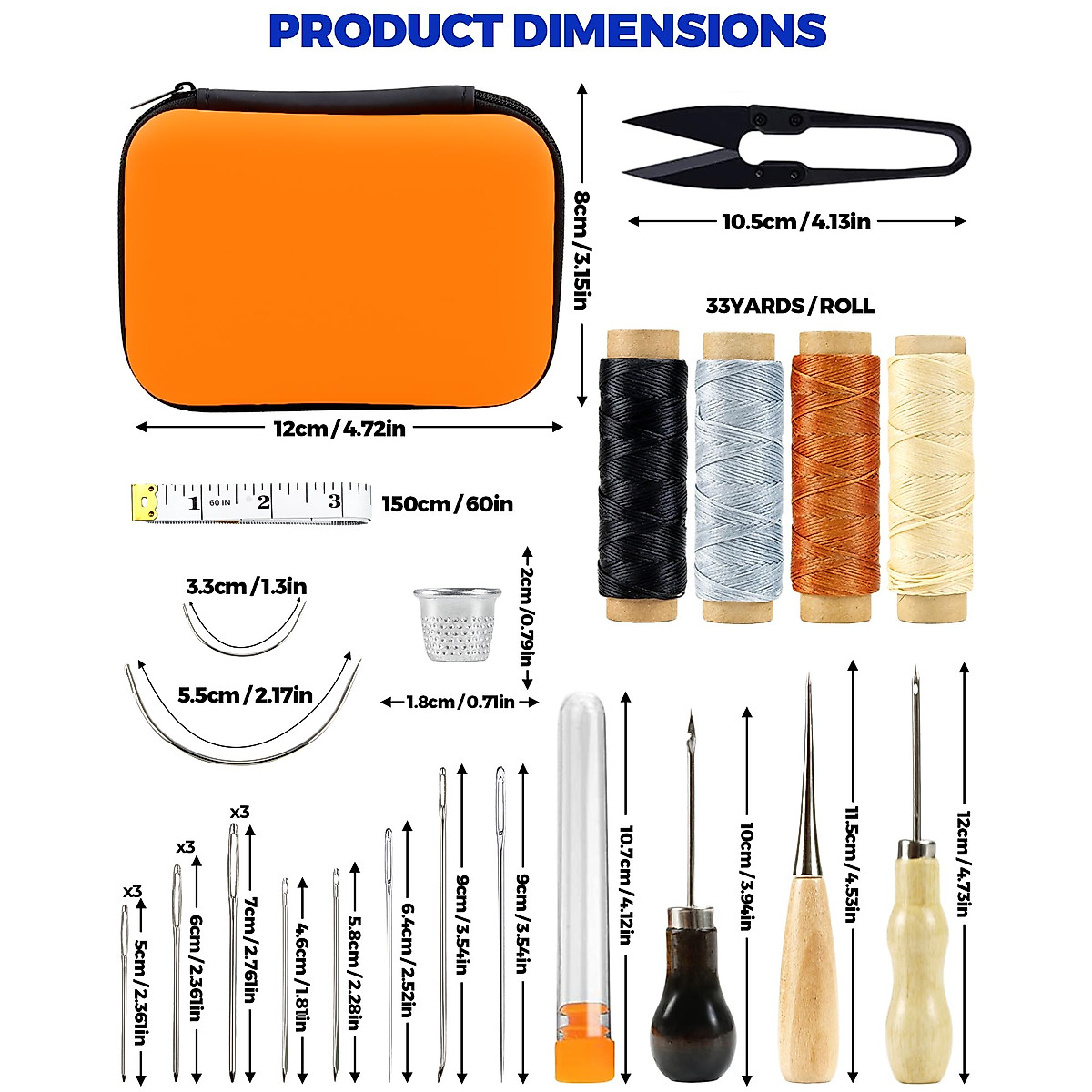 PLANTIONAL 34 PCS Basic Leather Sewing Kit: Upholstery Thread Cord, Leather Waxed Thread with Sewing Awl, Seam Ripper, Tape Measure Large-Eye Stitching Needles for DIY Leather Craft Repair