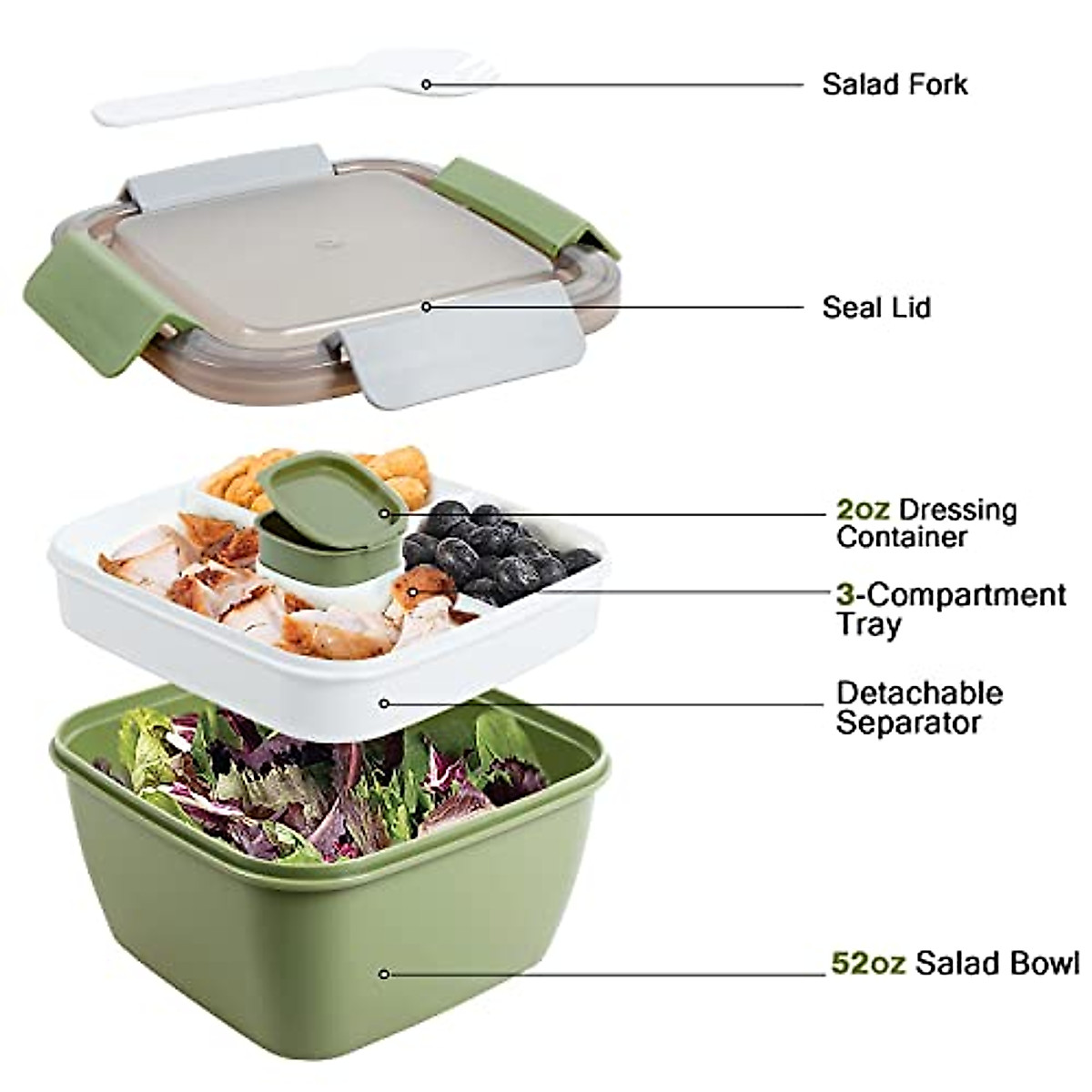 shopwithgreen 52 OZ to Go Salad Container Lunch Container, BPA-Free, 3-Compartment for Salad Toppings and Snacks, Salad Bowl with Dressing Container, Built-in Reusable spoon, Microwave Safe