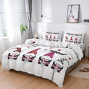 Valentine's Day Gnomes 4 Pieces California King Duvet Cover Sheet Set Cute Cartoon Dwarfs Romantic Bedding Sets Luxury Soft Bed Quilt Cover Bedspread with Decorative Pillowcases Sweet Love Heart