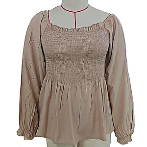 Women’s Casual Top Long Sleeve Neck Smocked Ruffle Hem Slim Babydoll Blouse Shirt Tunics Khaki