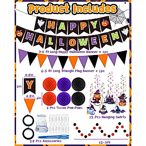 Happy Halloween Banner Halloween Party Decorations Indoor, Paper Pom Poms Triangle Flag Halloween Sign Hanging Garland Swirls Halloween Streamers for Trunk or Treat Decorations