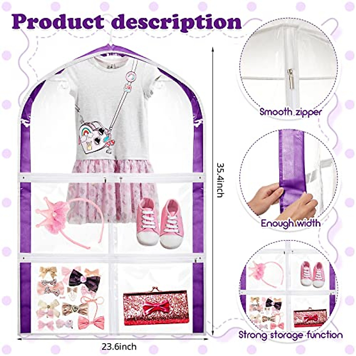 Clear Kids Dance Costume Garment Bag, 3 Pack Garment Bags for Hanging Clothes, PVC Dance Costume Bags with Garment Rack Dance Costume Organizer with Zipper Pockets for Travel Storage Kids Girls