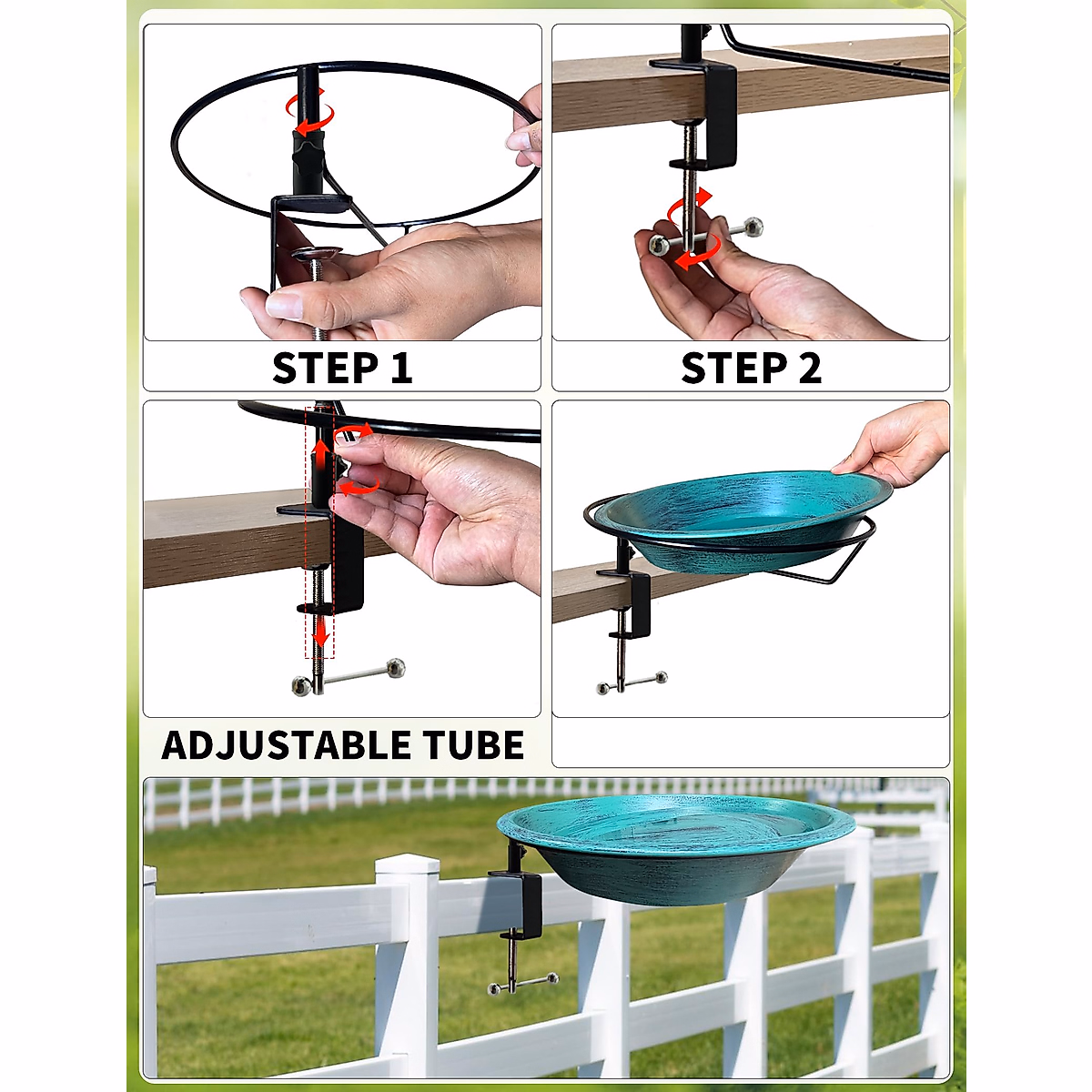 Deck Mounted Bird Bath for Outside, Detachable Birdbath Bowl with Sturdy Clamp, Easy Setup Outdoor Bird Feeder for Garden Patio Lawn Yard Decoration