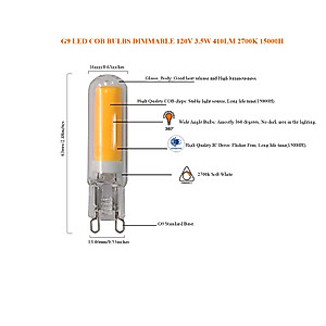 Doodays G9 LED COB Bulb Dimmable 3.5W, 410lm(40W T4 G9 Halogen Equivalent),2700K Soft Warm White, 120V, No Flicker, Chandelier Light Bulb Replacement(6 Pack)