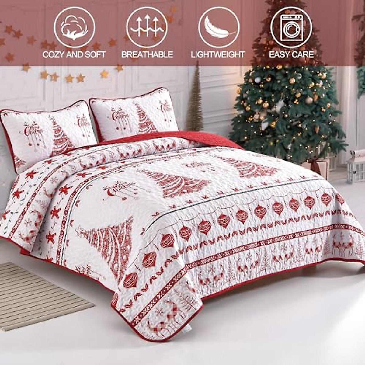 Christmas Tree Elk Quilt Set - 3PCs Soft Microfiber Lightweight Quilt Set Bedspread with 2 Pillowcases for Kids Teens Adults, Queen Size 90" x 96