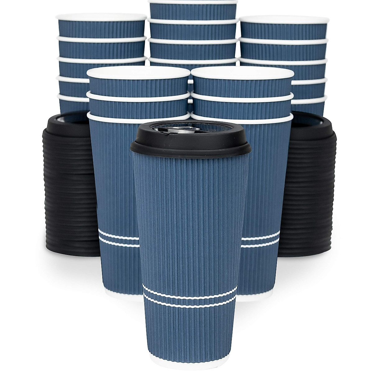 Glowcoast To Go Coffee Cups With Lids - 22 oz Disposable Coffee Cup With Lid (50 Set). Large Togo Travel Paper Ripple Hot Cups Insulated For Hot, Cold Beverage Drinks, No Sleeves Needed (Royal Blue)