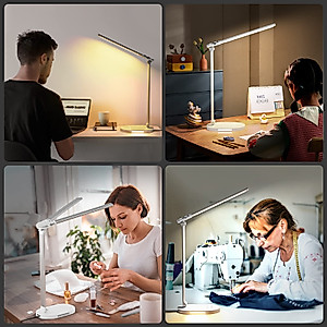 Double Head Desk Lamp for Home Office, Eye-Care Desk Light with USB Charging Port, Touch Control 5 Color Temperature & Brightness with Night Light Mode, 60min Timer Desktop Table Lamp for College Dorm