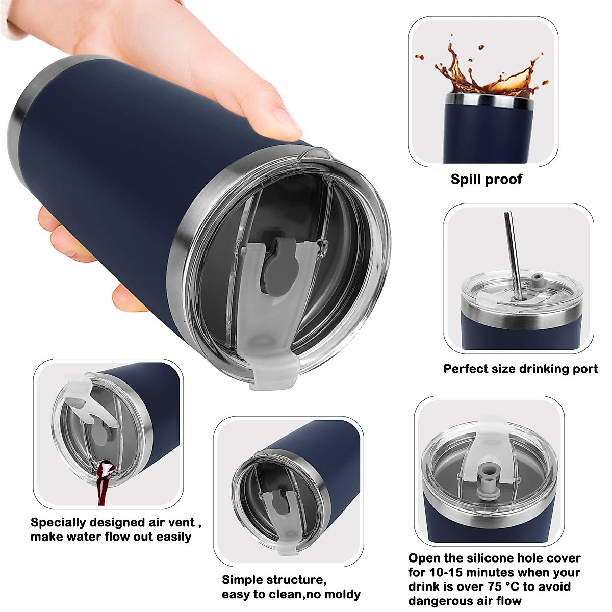 CZBOLINY 20oz/600ml Tumbler with 2 Lids,2 Straws,Insulated Stainless Steel Coffee Travel Mug,Double Wall Vacuum Thermal coffee cups. Navy Blue Tumbler