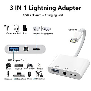 USB + 3.5mm AUX Adapter for iPhone/iPad, USB Camera Adapter and 3.5mm Headphone Audio Jack Adapter with iPhone Charger Splitter, 3 in 1 USB OTG Adapter for iPhone iPad,USB Flash Drive, Keyboard, Mouse
