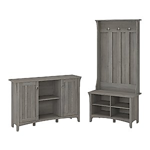 Bush Furniture Salinas Entryway Storage Set with Hall Tree, Shoe Bench and Accent Cabinet in Driftwood Gray