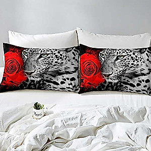 VIVIHOME 3PCS Leopard Duvet Cover, King Duvet Cover, Romantic Red Rose Bedding, Black and White Bedding, Floral Duvet Cover, Safari Wild Animal Cheetah Duvet Cover Quilt Comforter Cover, 2 Pillowcases
