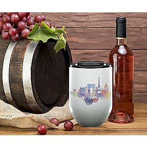 Paris France Gifts and Souvenirs - 12 Oz Insulated Wine Tumbler with Lid - Paris College Graduation Gifts - Unique Drinkware - Europe Long Distance Gifts for Her & Homesick Student Gifts