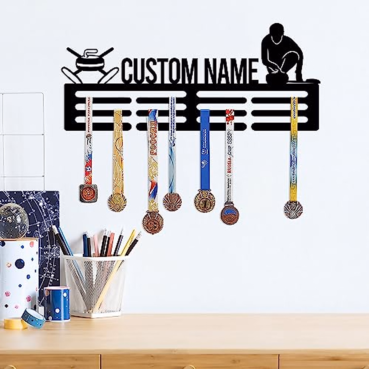 Custom Metal Yard Sign Light, Custom Curling Medal Hanger with Led Light, Medal Holder Display Rack for Awards and Ribbons, Tiered Award Rack, Curling Medal Rack Gift