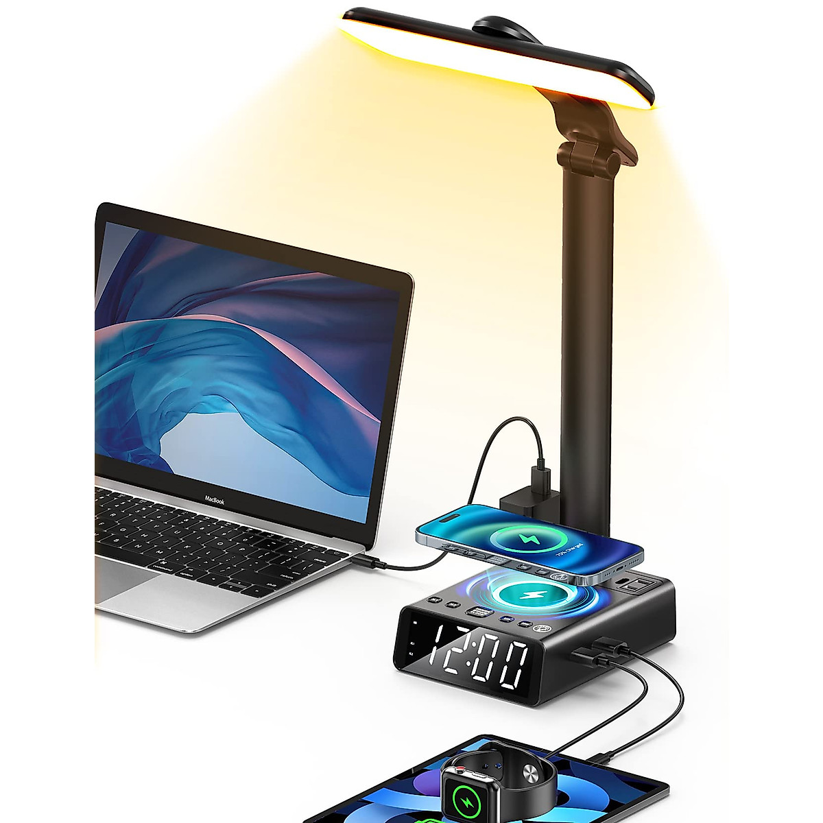 Docusvect LED Desk Lamp with 2 USB Charging Ports and 2 AC Outlets, 3 Lighting Modes × Stepless Dimming LED Desk Lamp with 15W Wireless Charger, Digital Alarm Clock for Home Office & College Dorm Room