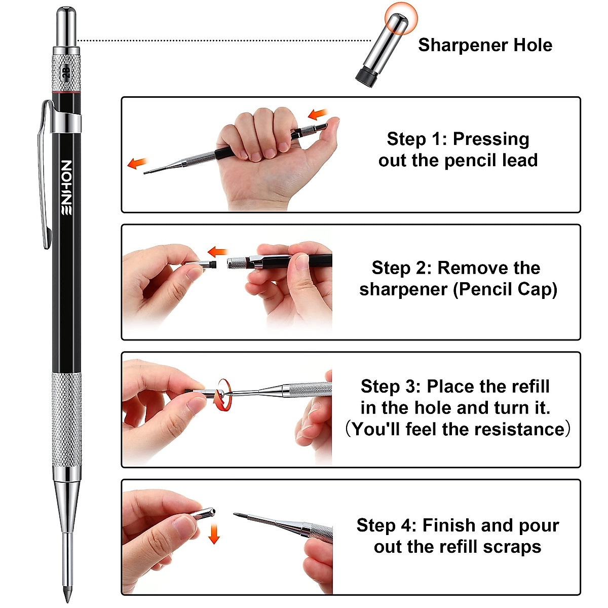 Enhon 2 MM Carpenter Pencils Set with 12 Marker Refills and Sharpener, Mechanical Carpenter Pencil Woodworking Marking Tool Solid Deep Hole Construction Pencil, Extended Needle-Nose Tip (Black)