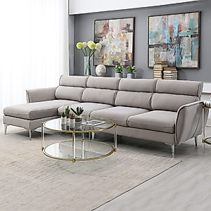 BIADNBZ Sectional Sofa with Reversible Chaise Lounge, Modern Flannel L-Shaped Couch for Living Room Apartment, 111", Gray