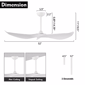 LEDLUX 52" Ceiling Fan no Light, 6 Speed Remote Control, Noiseless Reversible DC Motor, Modern 3 ABS Blades Ceiling Fan with 4.5"/12" Downrods for Bedroom/Living Room/Kitchen White