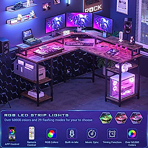 Aheaplus L Shaped Gaming Desk with Power Outlets & LED Lights, Corner Computer Desk with Monitor Stand and Storage Shelf, Home Office Writing Desk with Storage Bag, Rustic Brown