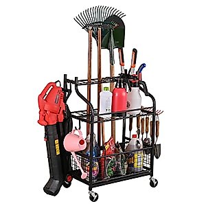 Snail Garden Tool Storage Organizer with Wheels Yard Tool Stand Holder for Garage Lawn and Outdoor, Steel Yard Tool Racks to Store Yard Long Rakes, Brooms, Mops and Buckets, Garden Tool Rolling Cart