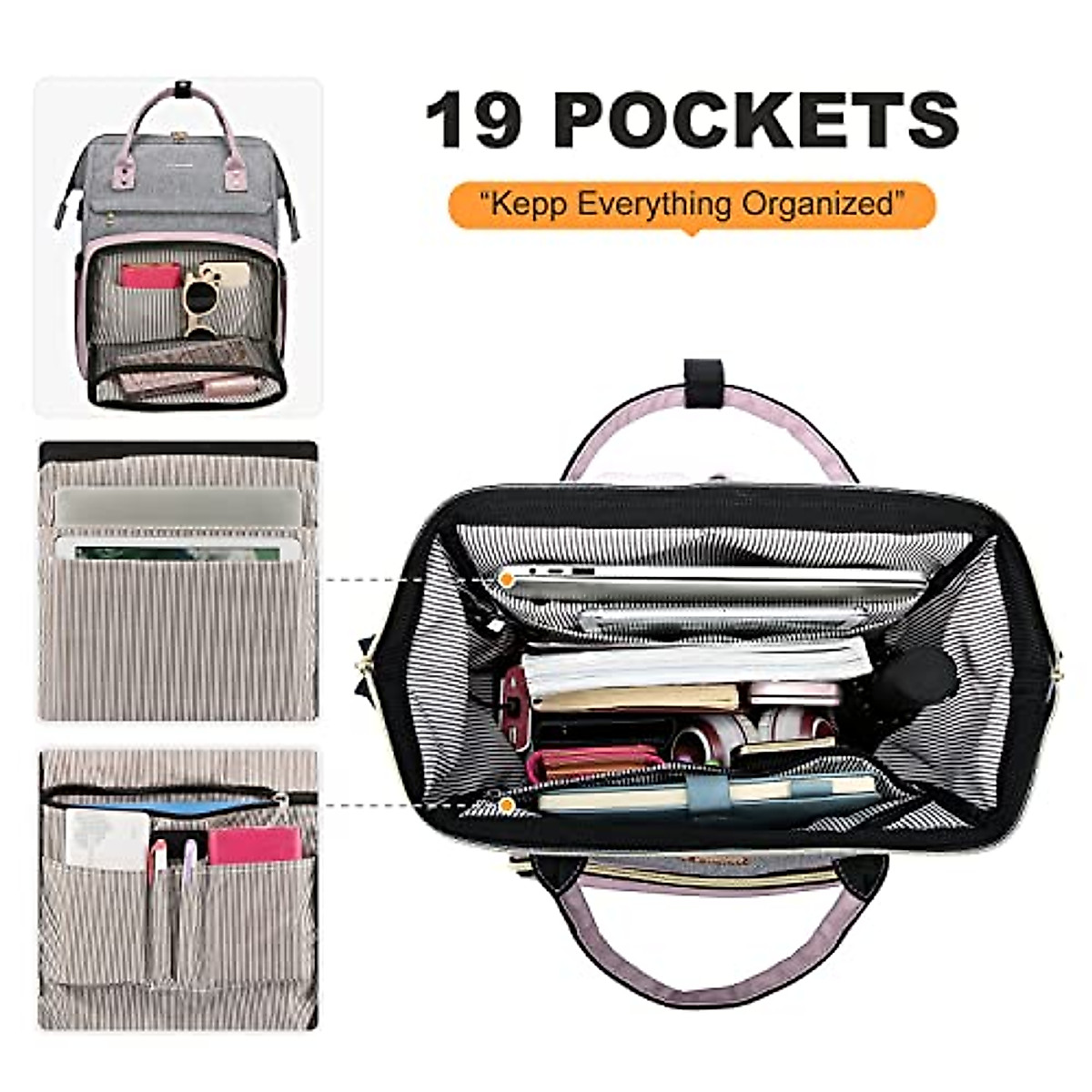 LOVEVOOK Laptop Backpack for Women Fashion Business Computer Backpacks Travel Bags Purse Doctor Nurse Work Backpack with USB Port, Fits 15.6-Inch Laptop Grey-Light Purple