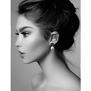 Fashion Designer Imitation Pearl Black Camellia Floral Charm Dangle Drop Earrings Studs For Women (Black)