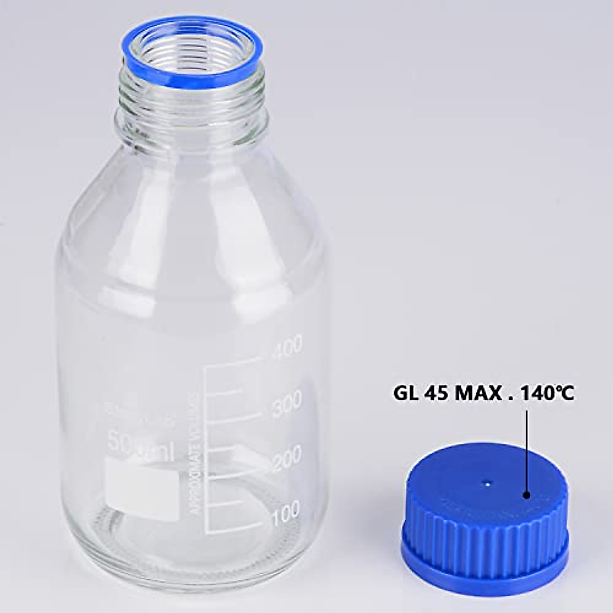 stonylab Graduated Storage Bottles with GL45 Screw Cap, 500 ml Borosilicate Glass Clear Round Lab Reagent Media Storage Bottles with Blue Screw Cap, 1 Pack
