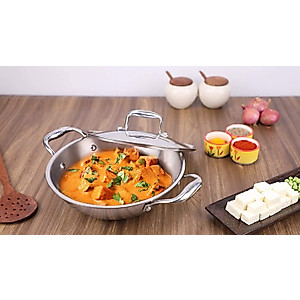 Vinod Cookware Food Grade 3.7 Litre Induction Friendly Platinum (TRI PLY) 18/8 Stainless Steel Kadai with Stainless Steel Lid (28cm, 3.7 Litre)