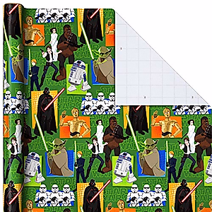 Hallmark Star Wars Wrapping Paper with Cut Lines on Reverse (3-Pack: 60 sq. ft. ttl) with Yoda, Darth Vader, Chewbacca, R2-D2, C-3PO, Stormtroopers, X-Wing, Millennium Falcon