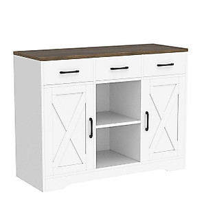 HOSTACK Modern Farmhouse Buffet Cabinet with Storage, Barn Doors Sideboard Buffet Storage Cabinet with Drawers and Shelves, Wood Coffee Bar Cabinet for Kitchen, Dining Room, Living Room, White