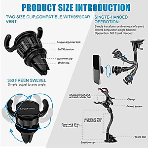 LoyaForba Car Phone Mount, Universal Phone Holder for Car Cell Phone, 360 Degrees Dashboard Desk Wall Bracket for GPS Navigation and Any Smartphone