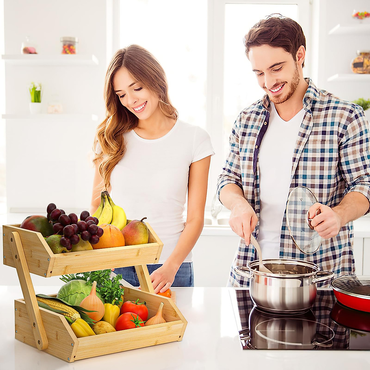 G.a HOMEFAVOR Large Bamboo Fruit Basket, 2-Tier Fruit Bowl for Kitchen Counter, Vegetable Storage Stand for Fruit Shop, 15 mm Thickness (Self-assembly)