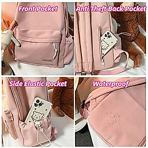 KOWVOWZ Kawaii Cute Aesthetic School Laptop Backpack with Accessories Plush Pendant for Teen Girls (White, without Mr. Rabbit)