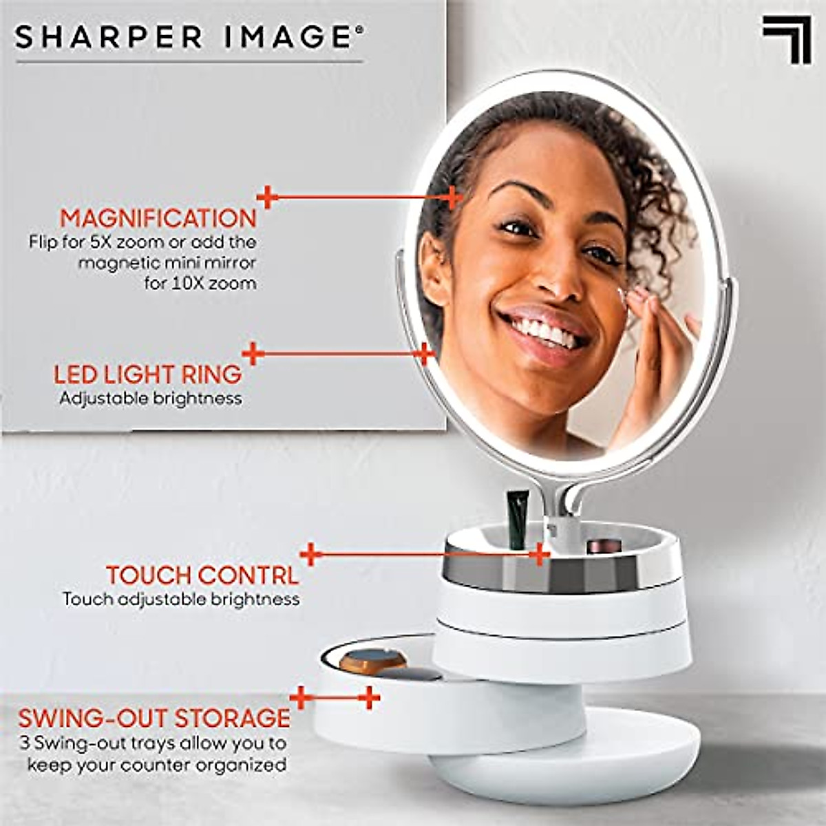 Sharper Image Spastudio Vanity Plus 10-Inch LED Mirror with Storage Trays, Touch-Activated Brightness Controls, Dimmable Halo Light Ring, 5X and 10X Magnification