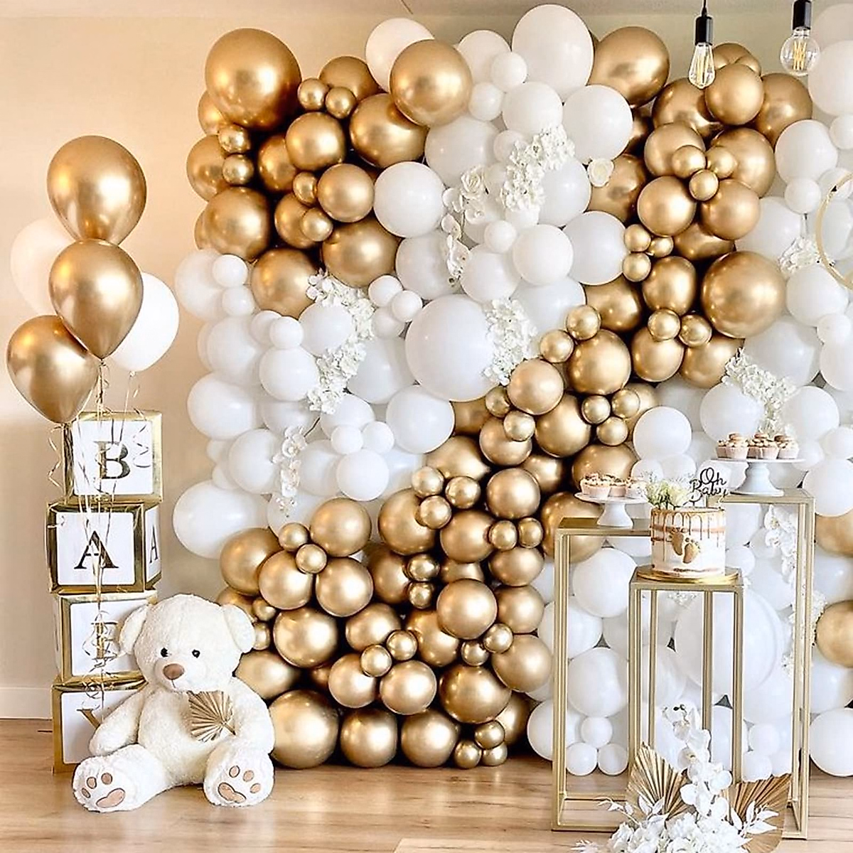 DIY White Gold Balloons Kit - 178 pcs Balloon Arch Garland Kit Include White Metallic Gold Confetti Balloons for First Communion Baptism Wedding Bridal Baby Shower Birthday Party Decorations Backdrop