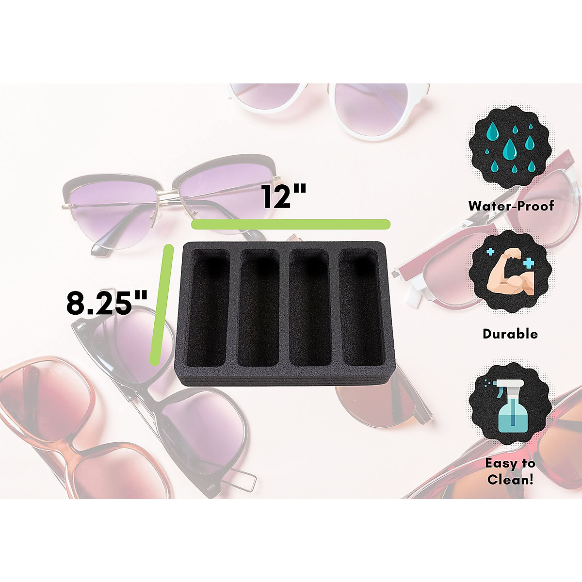 Polar Whale Sunglasses Drawer Organizer Tray Insert for Home Bedroom Bathroom Vanity Dresser Counter Table Waterproof Washable Black Foam 4 Compartment 8.25 x 12 Inches