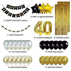 40th Black Gold Party Decoration, Happy Birthday Banner, Foil Fringe Curtains Number 40 Foil Balloon, Paper Dots Garland, Star Foil Balloons for Men Women Birthday Party Décor