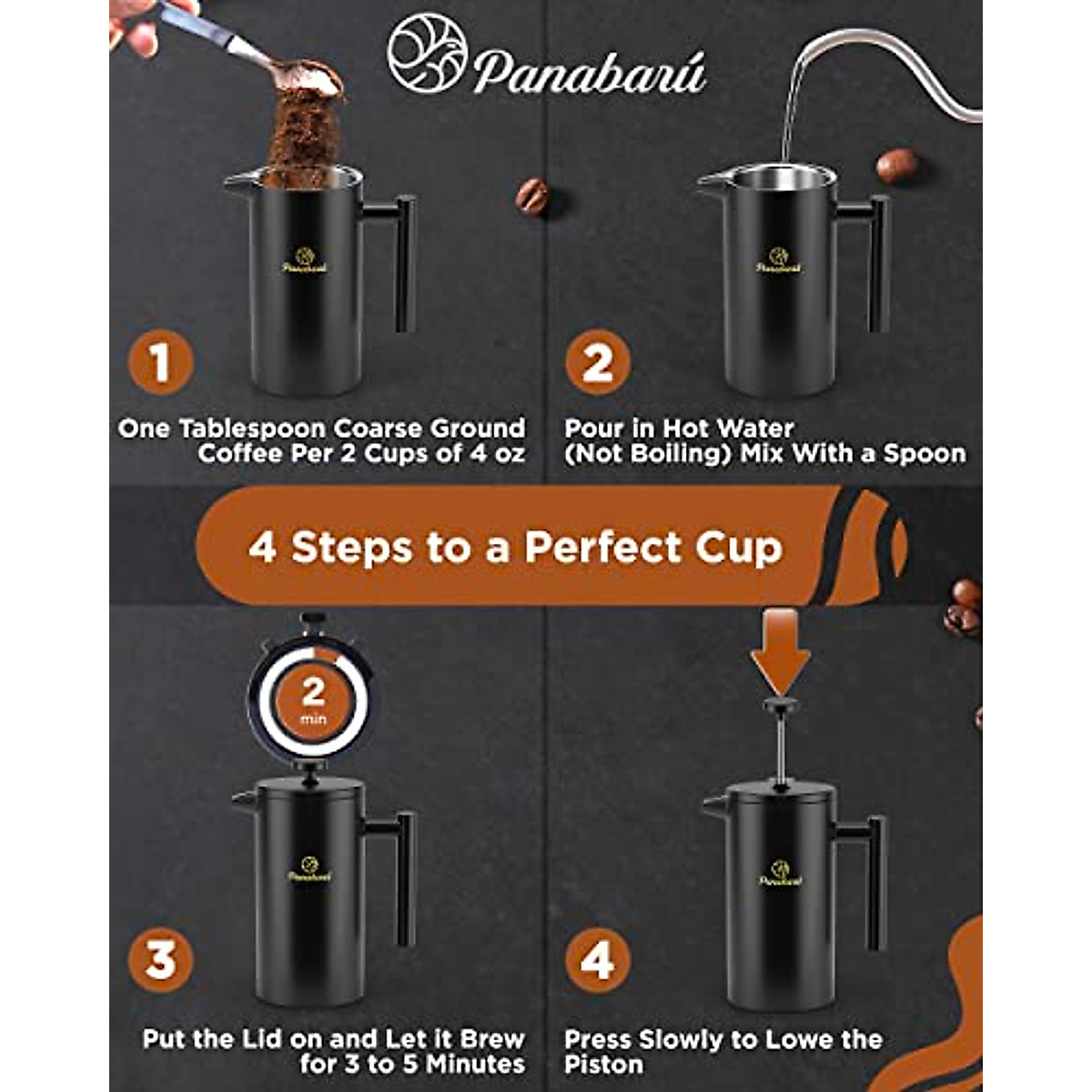 Panabaru French Press Coffee Maker 34oz Double-Wall Insulated Stainless Steel replacement filter included Tea Espresso and cold brew