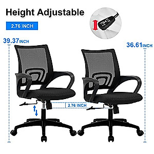 YKCUL 2 pcs Home Office Desk Chairs for Bedroom Office Swivel Chair Ergonomic Desk Chair with Arms Mesh Computer Desk Chairs for Adults Adjustable Mid Back Task Chair with Lumbar Support, Black