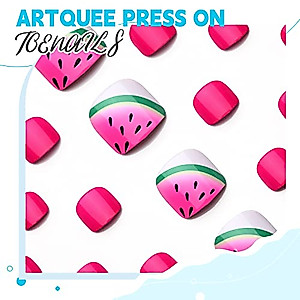 Artquee 28pcs Hot Pink Press on Toenails Short with Watermelon Design Fake Toes Nails Square Glossy Full Cover False Toe Nails Kit for Women in 14 Sizes