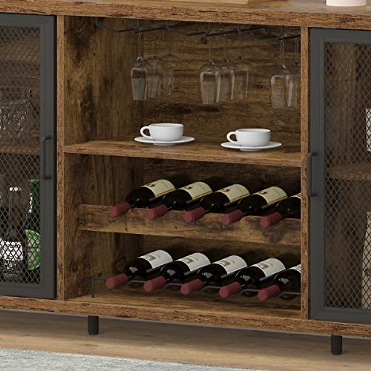 Launica Industrial Coffee Bar Cabinet, Wine Bar Cabinet for Liquor and Glasses, Liquor Cabinet with wine Rack Storage, Wood Metal Sideboard Buffet Cabinet for Home Kitchen Dining, Rustic Brown 55 Inch