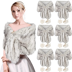 Geyoga 6 Pack Women's Faux Fur Shawl Fur Bridal Bridesmaid Wrap Winter Wedding Scarf Stoles with Pearl Rhinestone Brooch (Gray White)