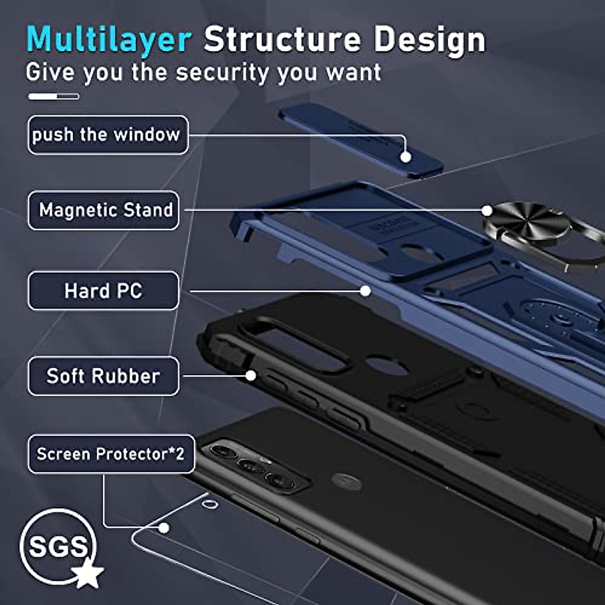 Motorola Moto G Play 2023 Case,Moto G Power 2022/Moto G Pure Case Built in Slide Camera Lens Cover+Screen Protector+Finger Ring Holder Kickstand,Heavy Duty Shockproof Full Body Phone Cover,Blue