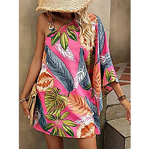 WDIRARA Women's Tropical Print Chain Detail Boho Dress Asymmetrical Neck Half Sleeve Mini Dress Pink M