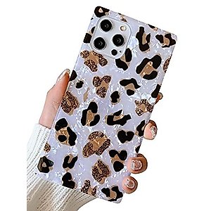 KERZZIL for iPhone 12/12 Pro Case 6.1-inch,Cute Slim Square Golden Sparkle Glitter Leopard Pattern Soft TPU Silicone Protective Durable Cases Cover Compatible with iPhone 12/12Pro(White Black)