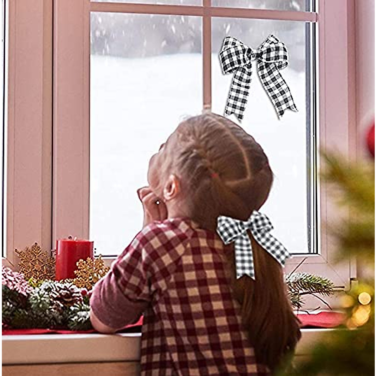 Christmas Plaid Wired Ribbons Gingham Burlap Ribbon，White and Black Wrapping Ribbon Plaid Ribbon for Christmas Decoration Crafts Making